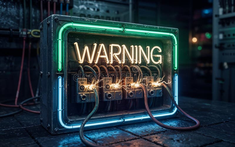 Warning Sign with Neon Lighting and Electrical Wires Stock Illustration ...