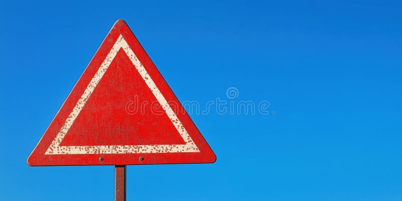 Warning Sign with Red Triangle Shape Against Clear Blue Sky Background ...