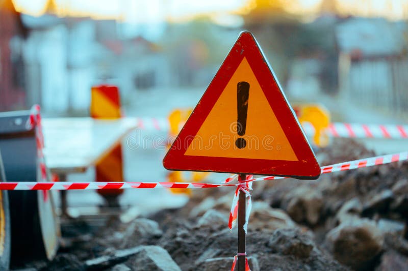 Warning Sign on a Road Construction Site in Work Stock Image - Image of ...