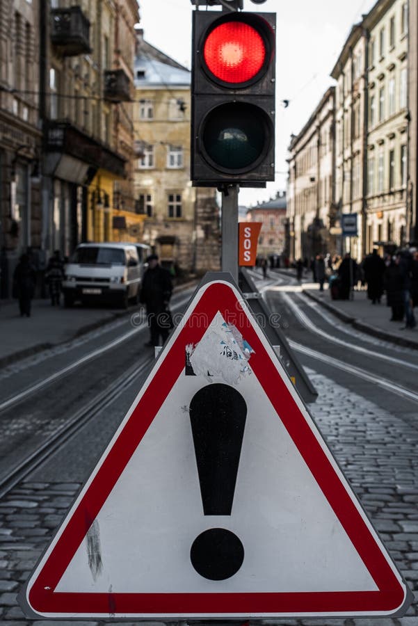 Warning Sign on the Road. Red Traffic Light Stock Image - Image of ...