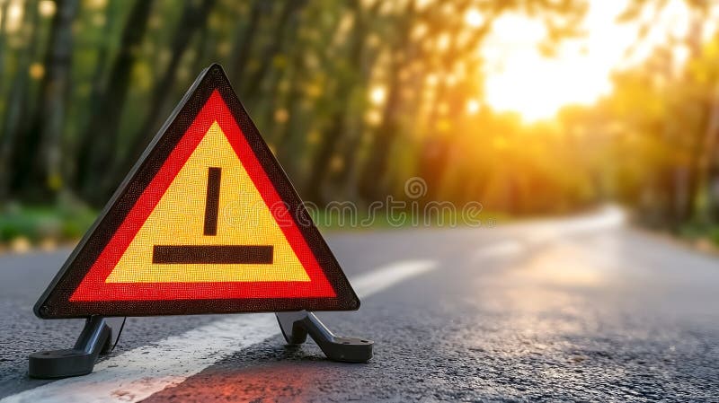 Warning Sign on a Road during Sunset Stock Photo - Image of drive ...