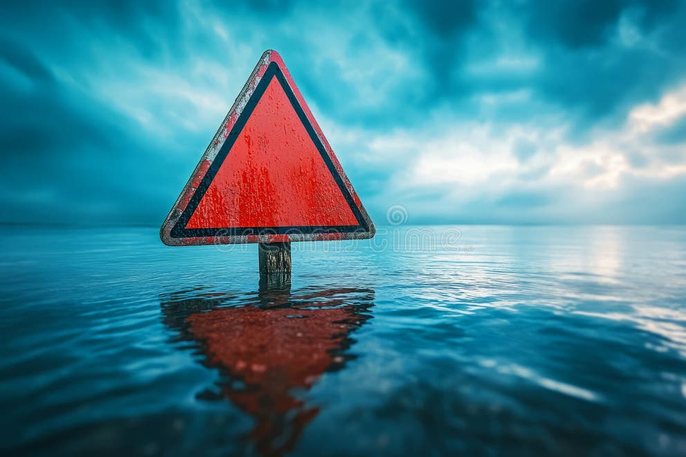 Warning Sign Standing in Calm Water Under Dramatic Sky with Moody ...