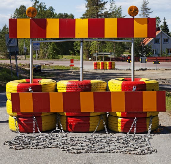 Warning Sign and Stop at Road Construction Stock Image - Image of ...