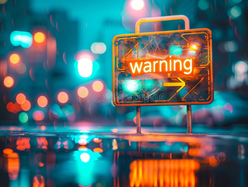 Warning Sign on the Street at Night Stock Image - Image of puddle ...