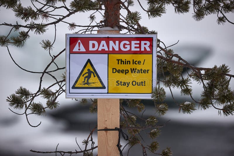 Thin Ice Warning Sign Post in Winter Stock Photo - Image of accident ...