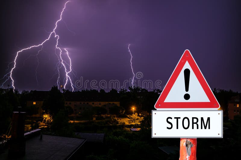 Warning Sign Thunderstorm with Lightning Over a City Stock Photo ...