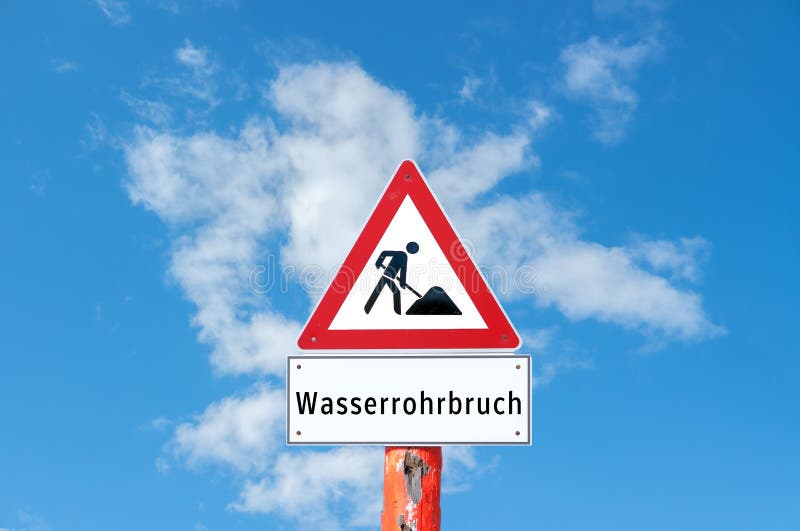Warning Sign Water Pipe Break in Germany Stock Photo - Image of winter ...