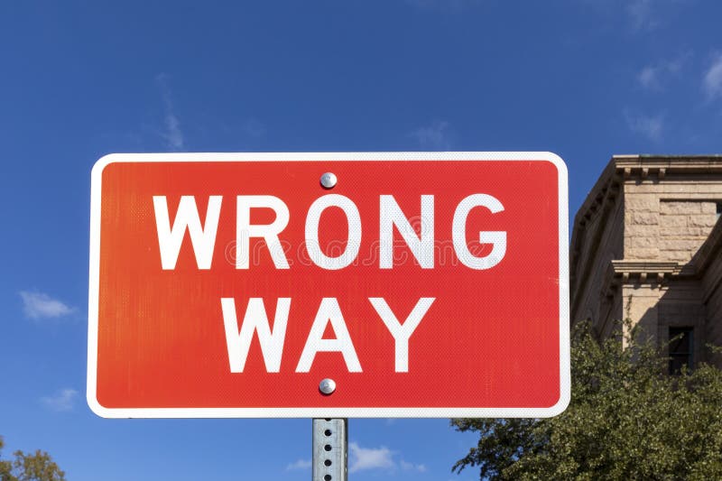 Warning Sign Wrong Way on Red Background Stock Image - Image of danger ...