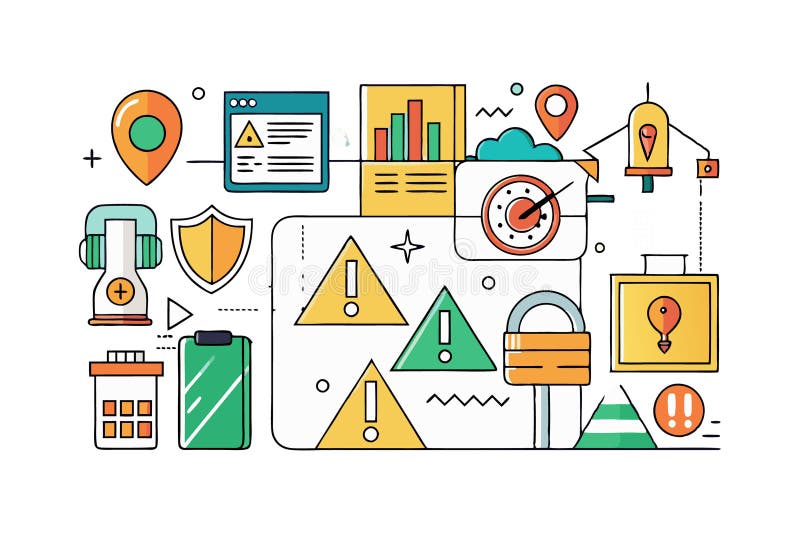 Warning Signs, Security Icons, and Digital Tools Like Cloud, Battery ...