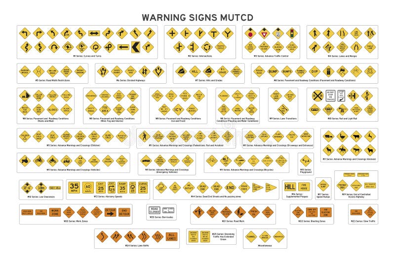 Collection of Road Condition Warning Signs Used in the USA Stock ...