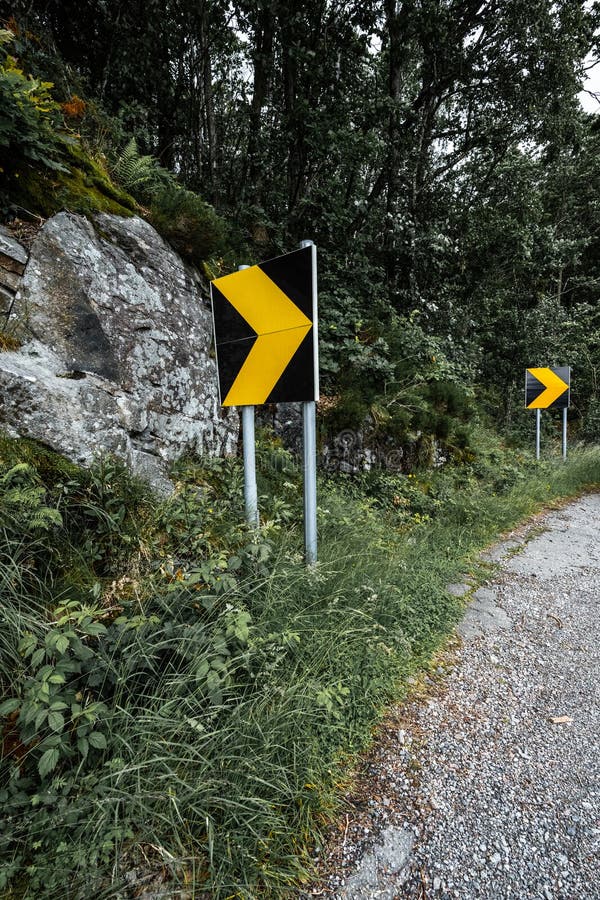 Warning Signs in a Tight and Dangerous Road Curve.. Stock Image - Image ...