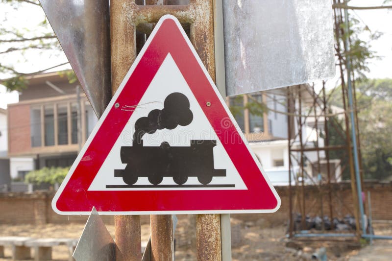 Warning Signs for Trains at Railway Crossings. Stock Image - Image of ...