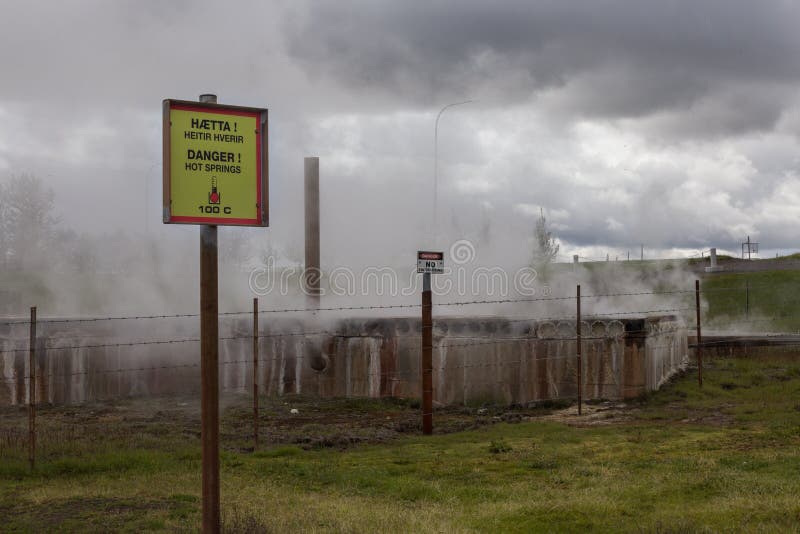 Warning sing Hot Spring stock image. Image of volcanic - 97190169