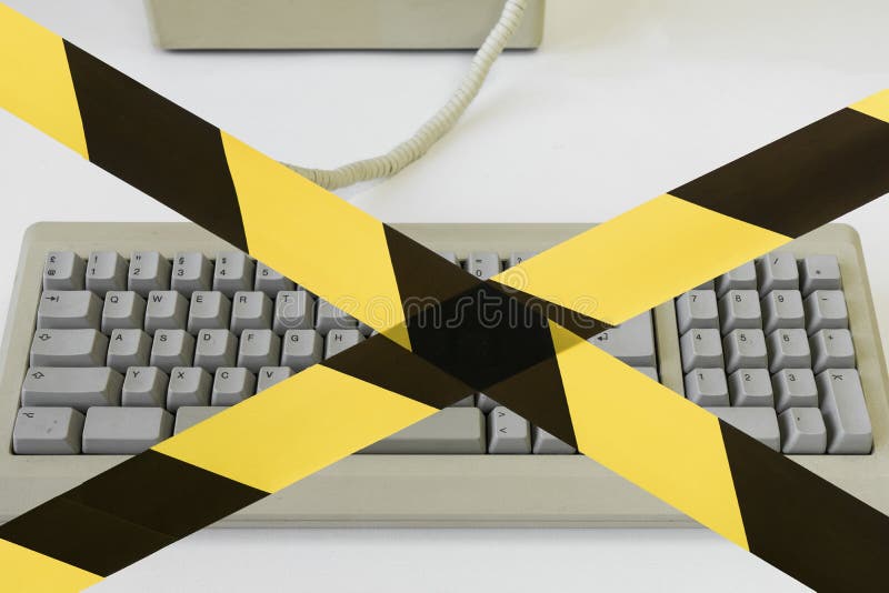 Warning Tape in Front of the Keyboard of the Personal Computer. Stock ...