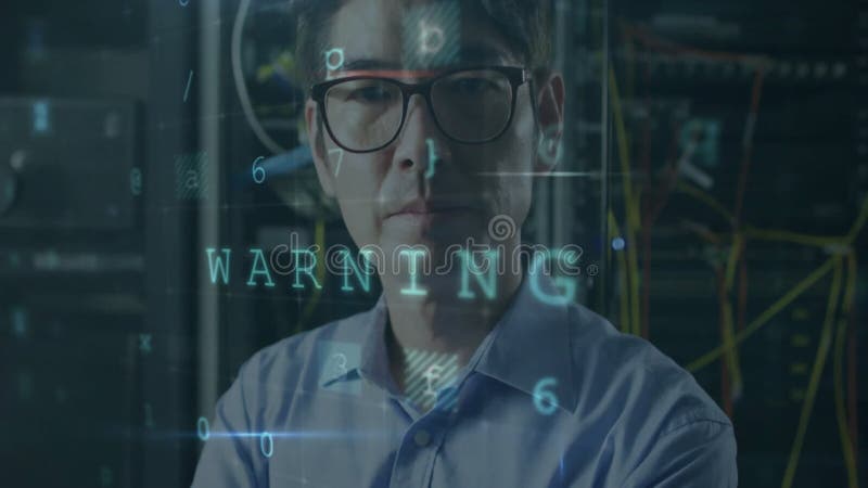 Warning Text Animation Over Man in Server Room with Cables and ...