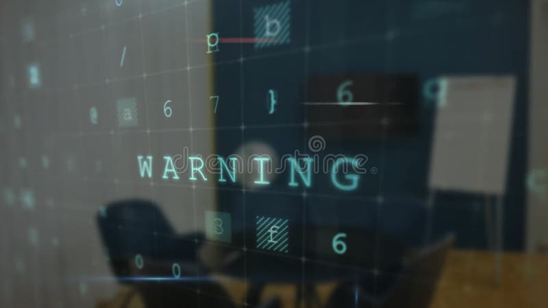 Warning Text Animation Over Office Setting with Numbers and Symbols ...