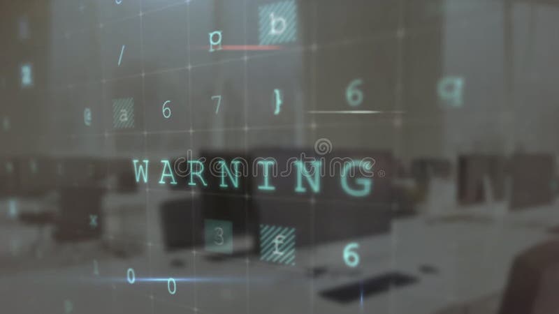 Warning Text and Numbers Animation Over Office Workspace with Computers ...