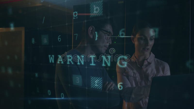 Warning Text and Numerical Data Animation Over Two People Working on ...