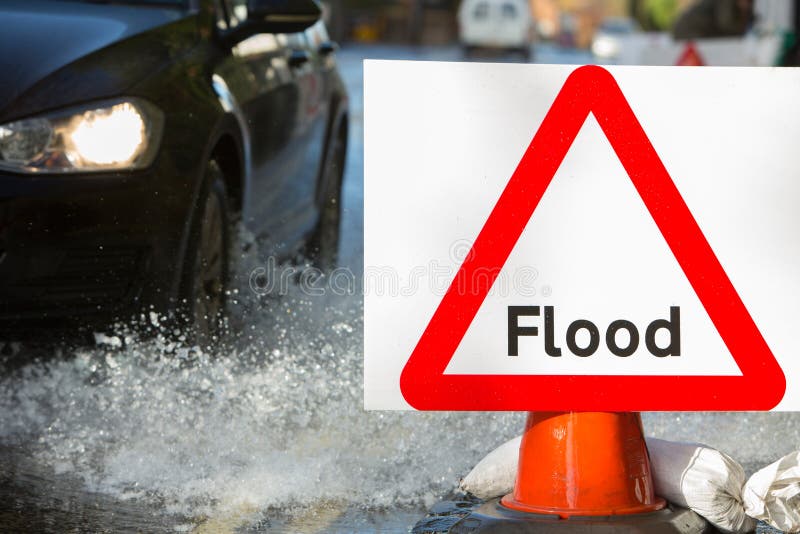 Warning Traffic Sign on Flooded Road Stock Photo - Image of natural ...