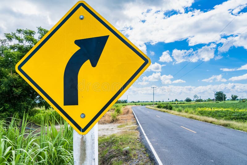 Warning Traffic Sign Yellow Turn Right Board on the Road with Cloud and ...