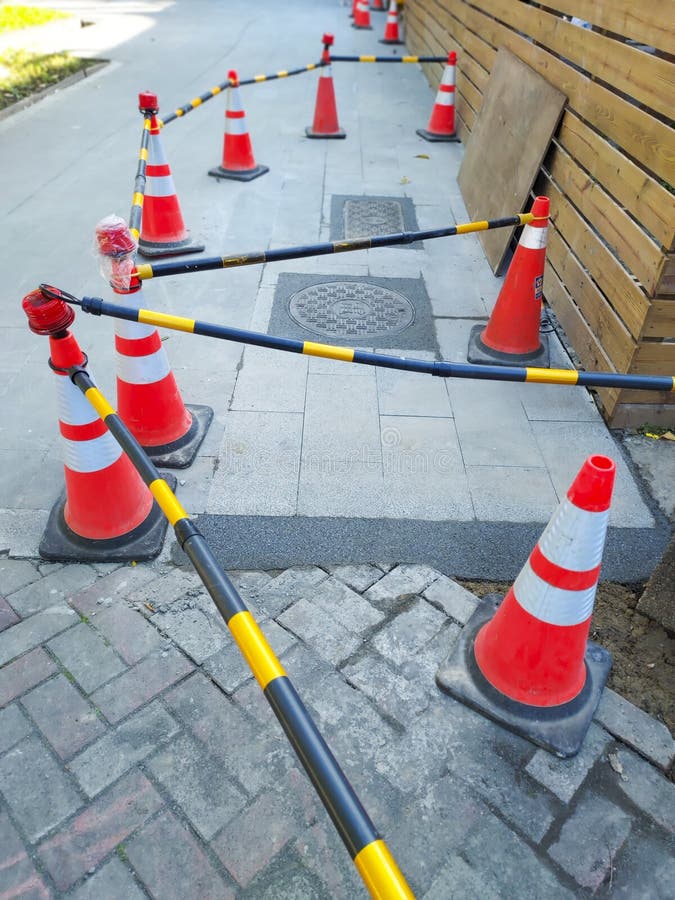 Warning Triangle Cones Placed for Road Construction Work. Stock Photo ...
