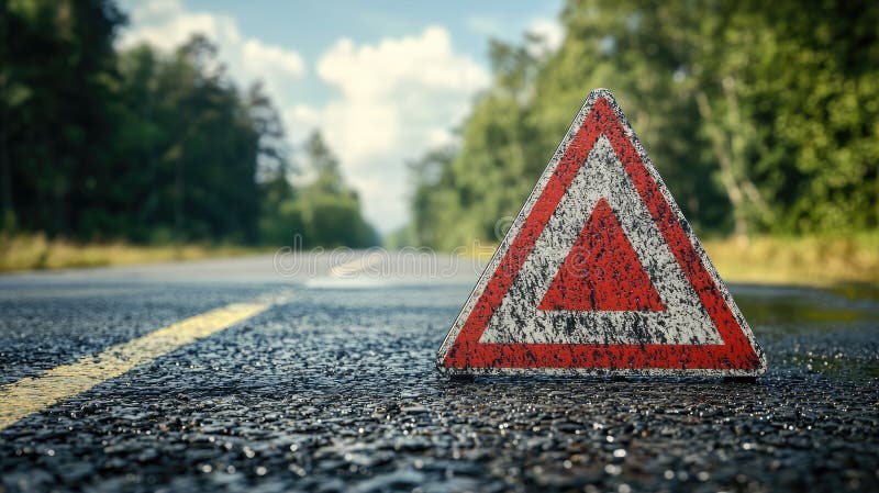 A Warning Triangle on an Empty Road, Signaling Caution and Road Safety ...