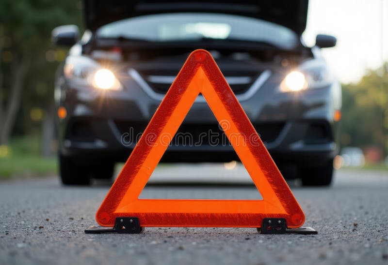 Warning Triangle Placed on the Road in Front of a Broken-down Car Stock ...