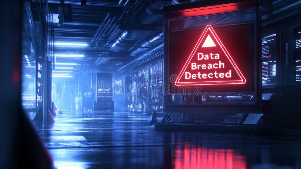 Warning Triangle Sign Indicates Data Breach Detected in Server Room ...