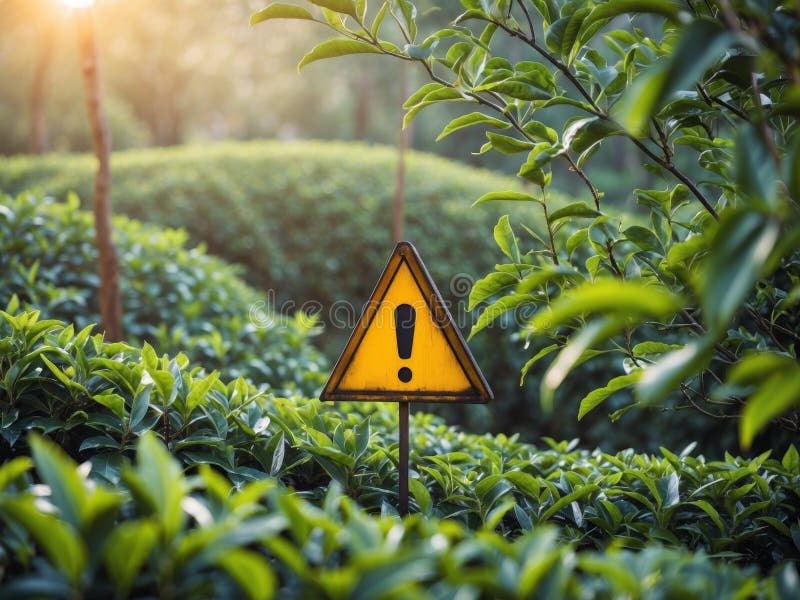 Warning Triangle Sign on a Tea Plantation Surrounded by Green Leaves ...