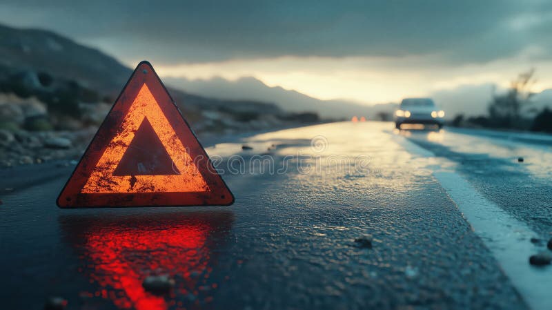 Warning Triangle on Wet Road, Car Approaching in Stormy Weather Stock ...