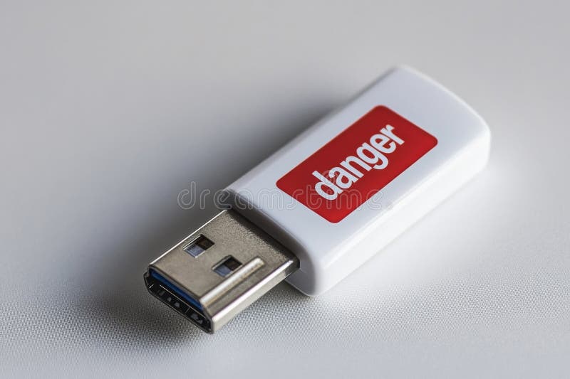 Warning USB Flash Drive with Red Danger Label on White Background Stock ...