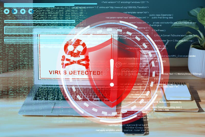 Warning about Virus Attack on Laptop Screen. Workplace in Office Stock ...