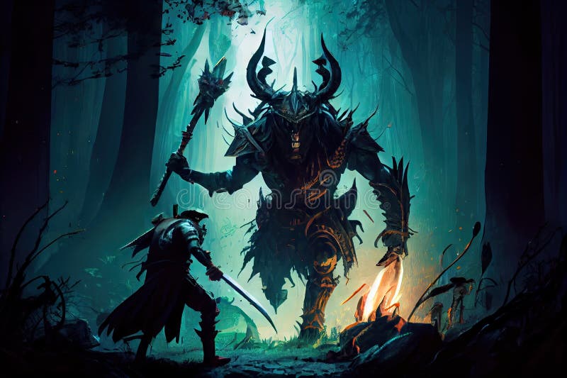 Warrior, Armed with Spear and Shield, Fights Off Menacing Monster in ...