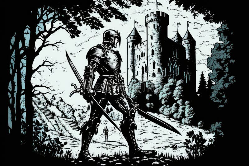 Warrior in Armor with Shield and Sword Walking Contours of Medieval ...