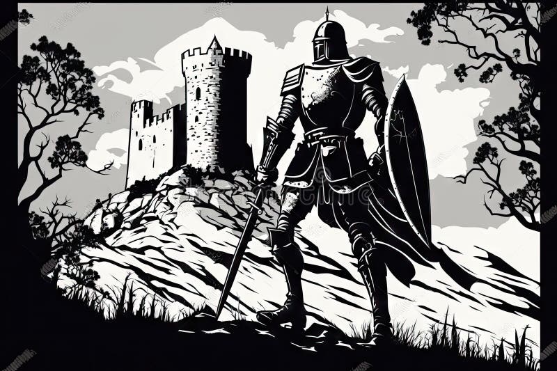 Warrior in Armor with Shield and Sword Walking Contours of Medieval ...