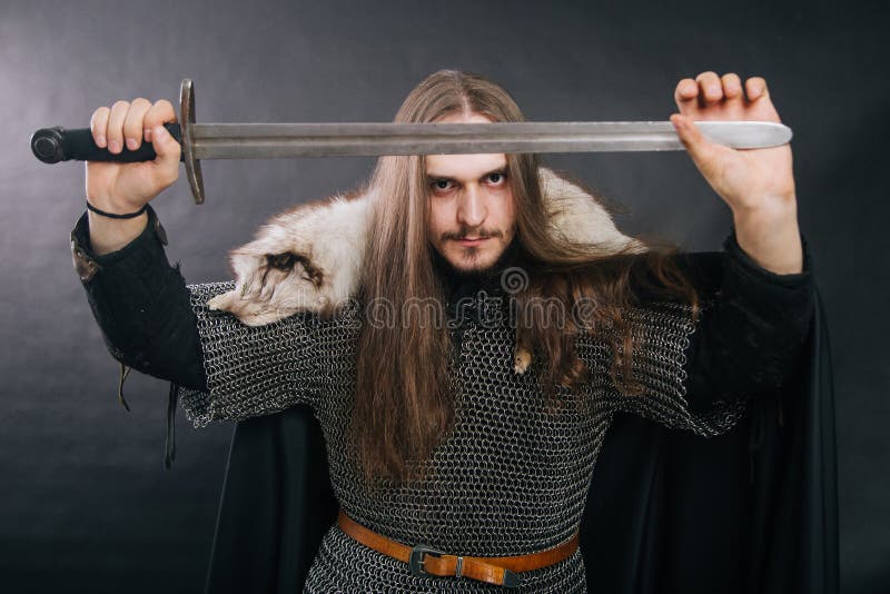 Warrior in Armor with a Sword. a Guy with Long Hair and a Beard, a Fox ...