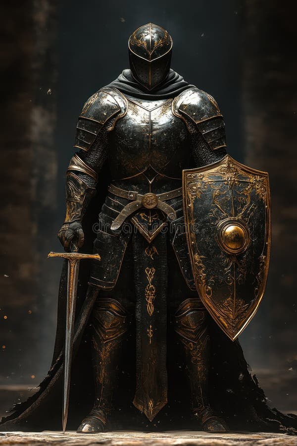 Warrior Clad in Ornate Armor Stands Ready for Battle in a Dimly Lit ...