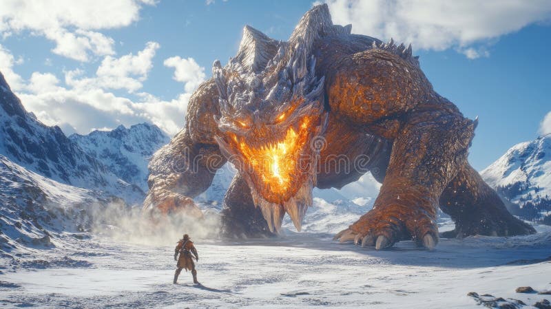 A Warrior Confronts a Colossal Beast in an Epic Battle Scene. Stock ...