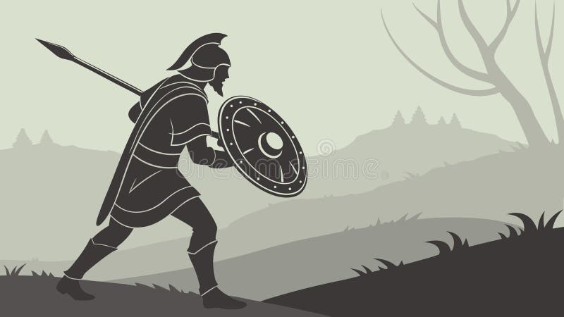 A Warrior in a Dynamic Pose, Bracing for Impact Behind His Large Shield ...