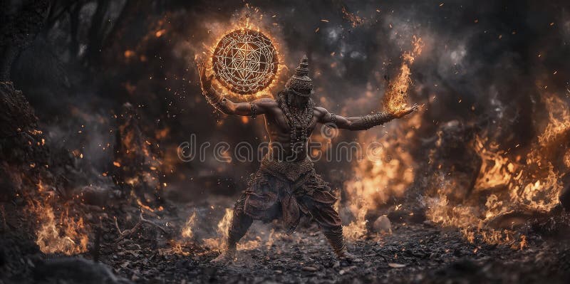 Warrior Embraces Fire Powers Mythical Realm Digital Art Dramatic ...