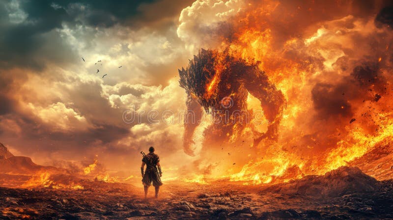 Warrior Facing a Creature Made of Fire and Stone in a Fiery Landscape ...