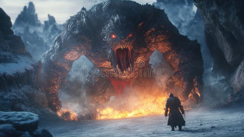 Warrior Facing Massive Creature in Epic Battle Scene Stock Illustration ...