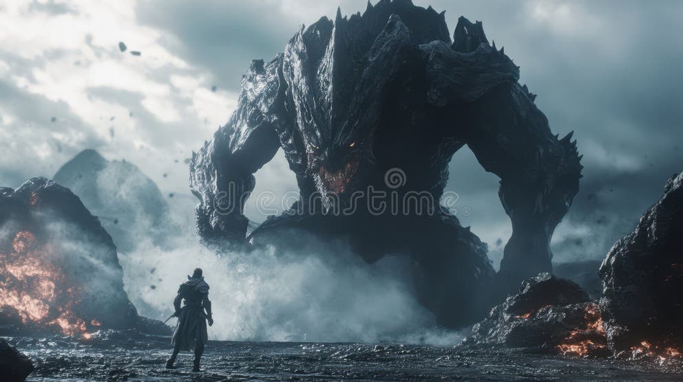 Warrior Facing Massive Creature in Epic Battle Scene Stock Illustration ...