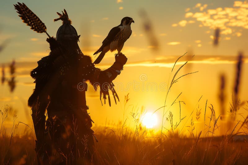 Warrior with a Falcon on Arm in Sunset Field Stock Photo - Image of ...
