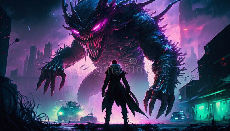 Warrior Fighting a Huge Monster in a Dark Swamp Illustration Image Generative AI Stock ...