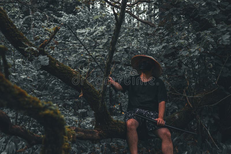 Warrior with Katana in the Forest. a Mysterious Man in a Black Mask and ...