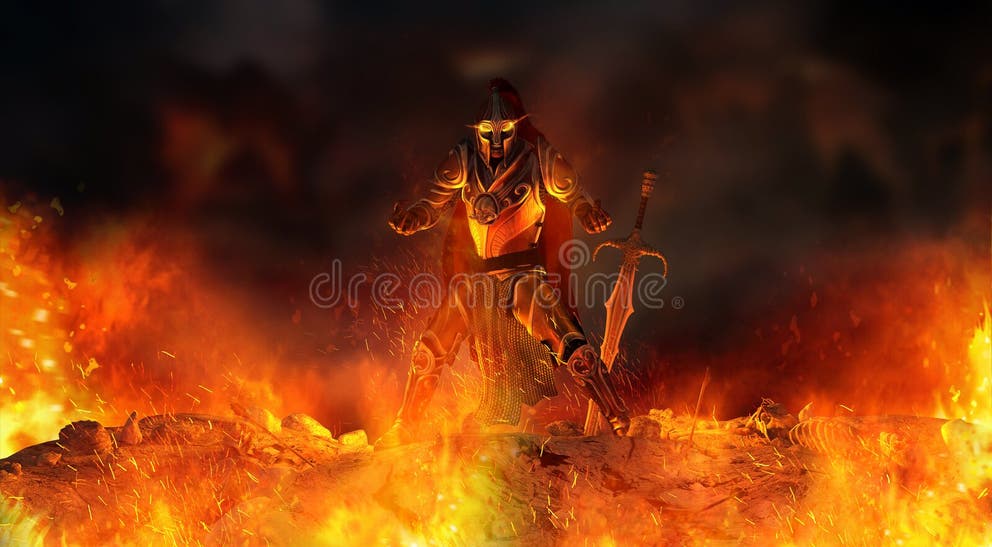 Warrior Knight Surrounded in Flames Stock Illustration - Illustration ...