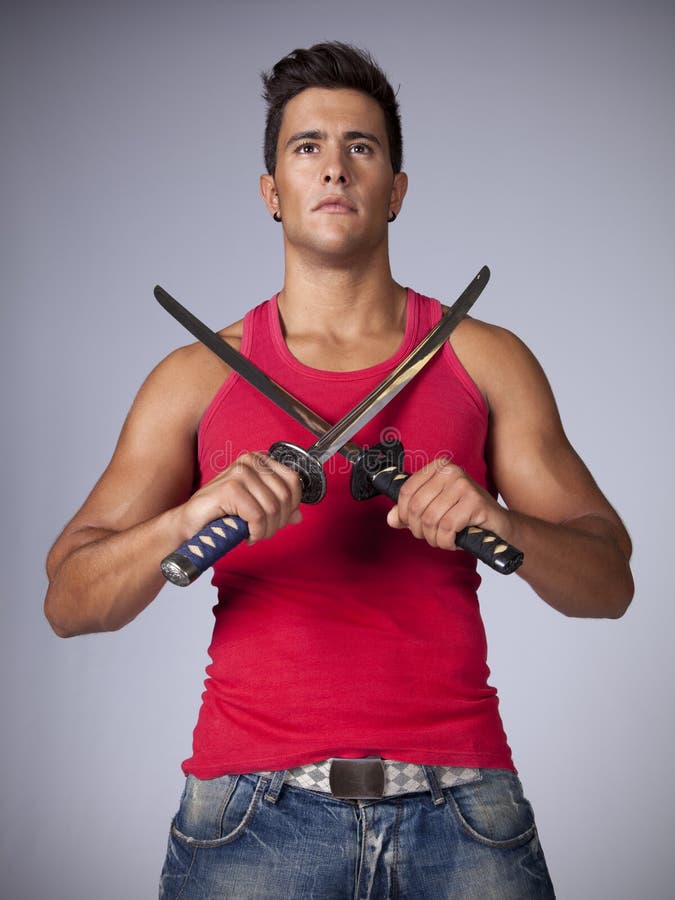 Strong Warrior with Ninja Swords Stock Photo - Image of athlete, killer ...