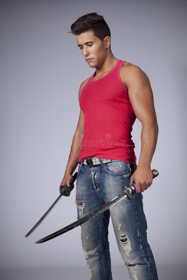 Strong Warrior with Ninja Swords Stock Photo - Image of athlete, killer ...