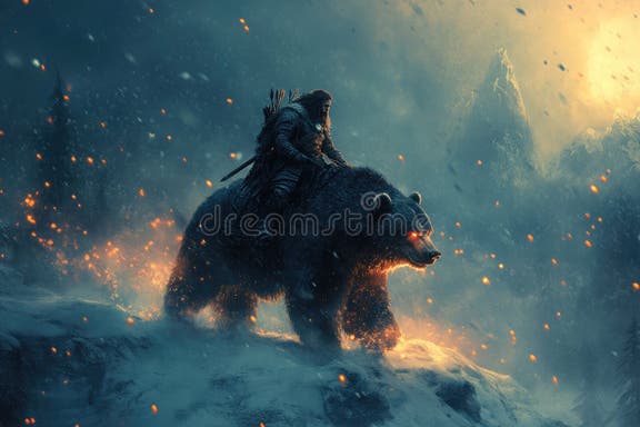A Warrior Riding a Bear through a Blizzard of Glowing Snow Stock ...